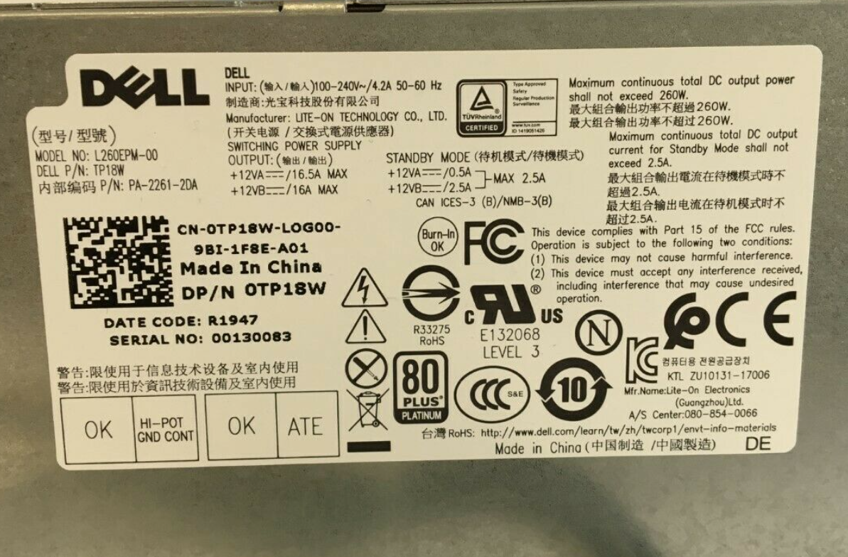 Original TP18W 0TP18W 260W PSU For Dell OptiPlex 3040 5040 7040 ...